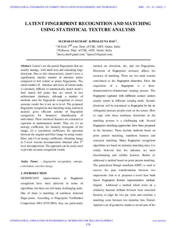 Pdf Iaetsd Latent Fingerprint Recognition And Matching Using Statistical Texture Analysis