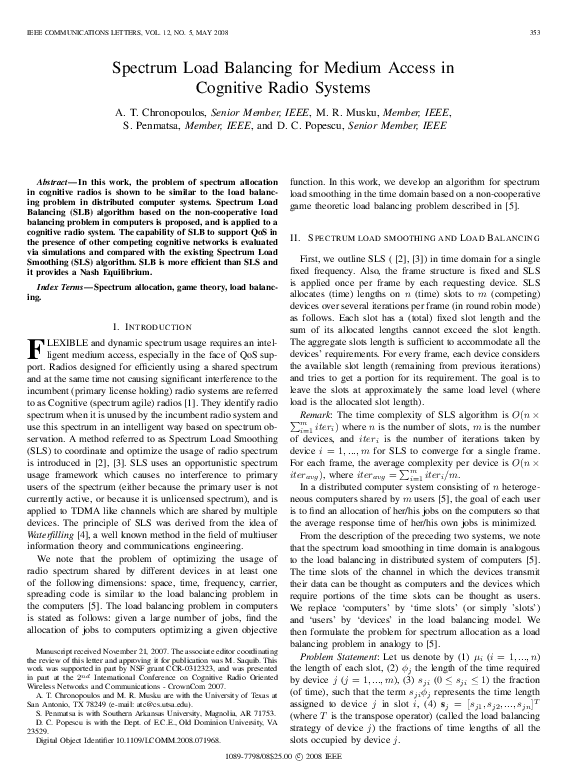 (PDF) Spectrum Load Balancing for Medium Access in Cognitive Radio Systems