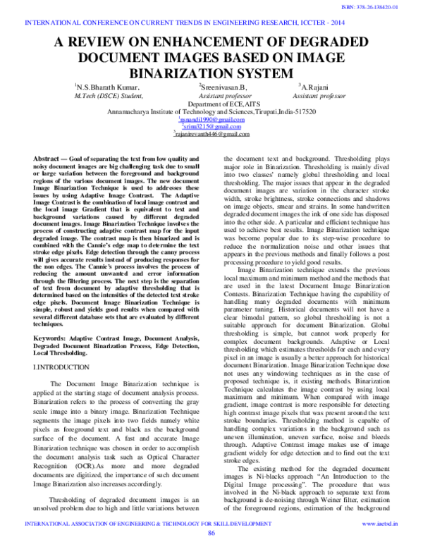 (PDF) IAETSD-A REVIEW ON ENHANCEMENT OF DEGRADED DOCUMENT IMAGES BASED ON IMAGE BINARIZATION SYSTEM