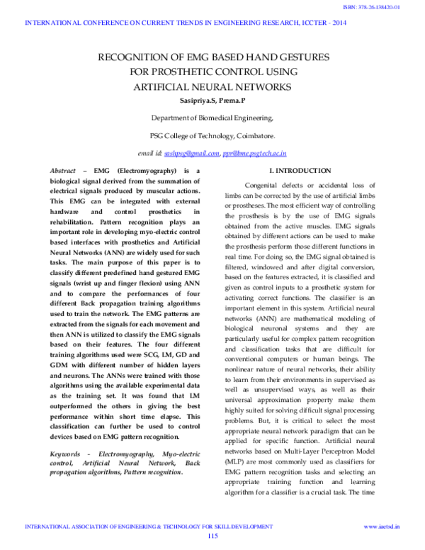 (PDF) IAETSD-RECOGNITION OF EMG BASED HAND GESTURES FOR PROSTHETIC CONTROL USING ARTIFICIAL ...