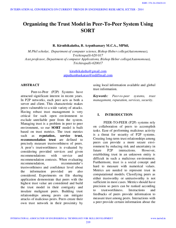(PDF) IAETSD-Organizing the Trust Model in Peer-To-Peer System Using SORT