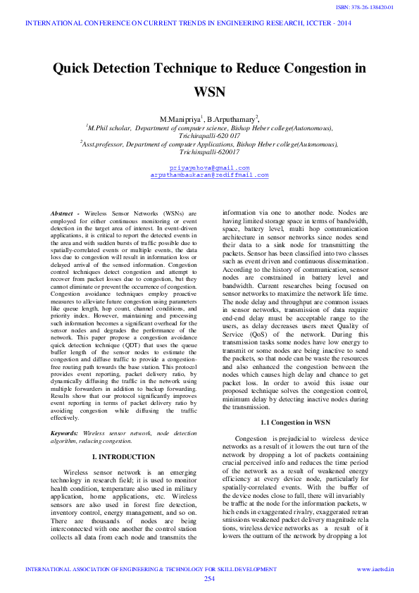 (PDF) IAETSD-Quick Detection Technique to Reduce Congestion in WSN