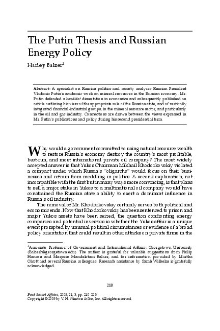 (PDF) The Putin Thesis and Russian Energy Policy | Harley Balzer ...