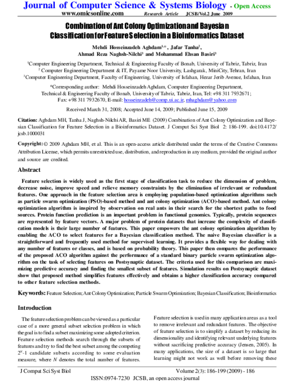 Pdf Combination Of Ant Colony Optimization And Bayesian Classification For Feature Selection