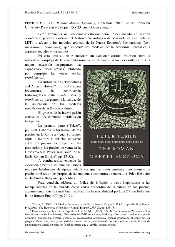 Reseña de "Peter Temin, 'The Roman Market Economy', Princeton, 2013 ...