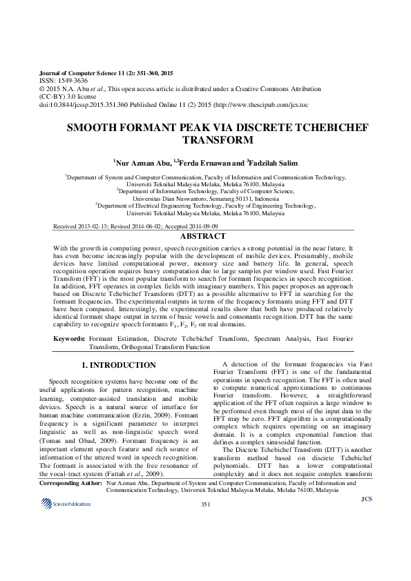 (PDF) Smooth Formant Peak via Discrete Tchebichef Transform
