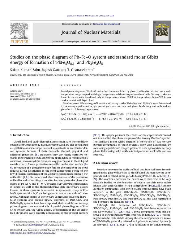 (PDF) Studies on the phase diagram of Pb–Fe–O system and standard molar Gibbs energy of ...