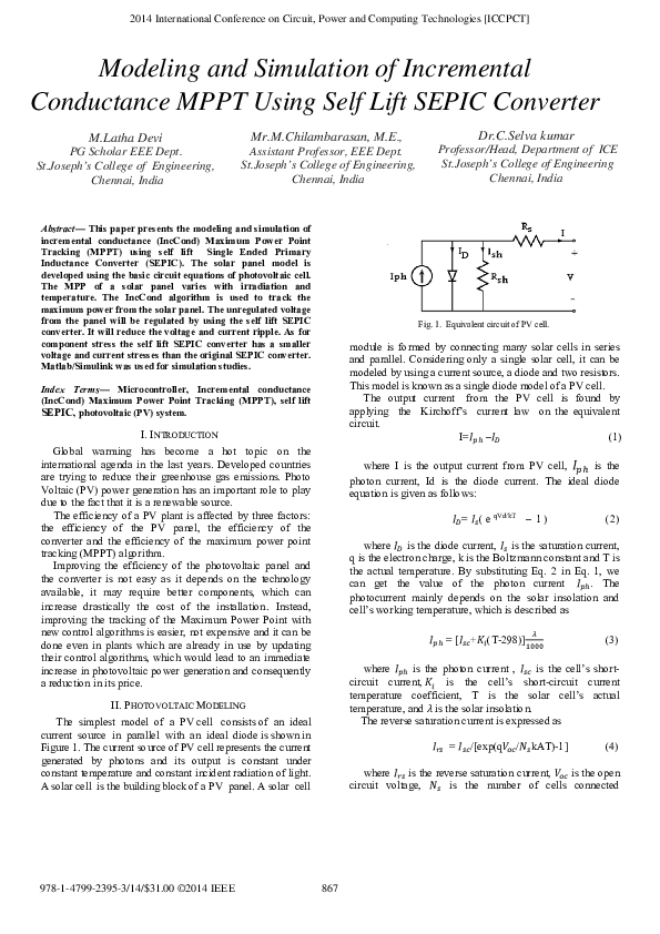 (PDF) Modeling and Simulation of Incremental Conductance MPPT Using Self Lift SEPIC Converter