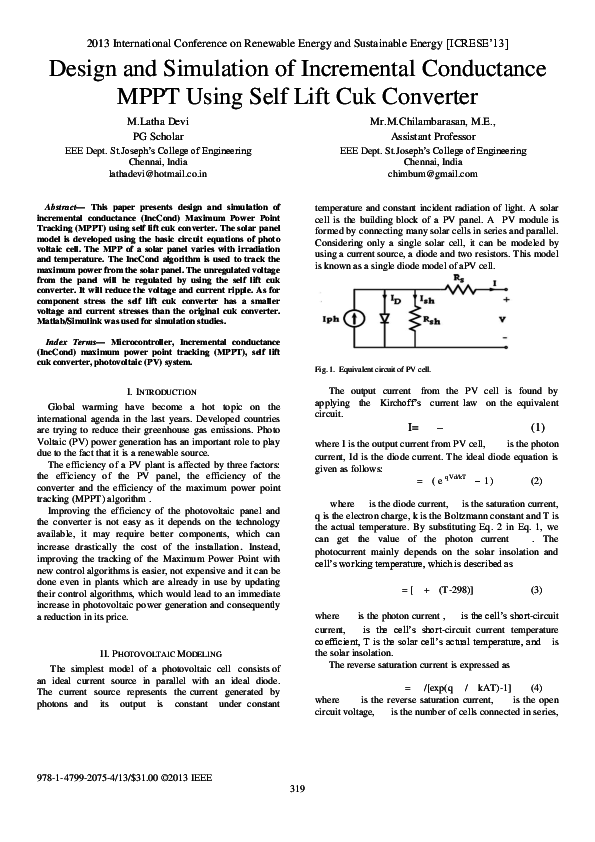 (PDF) Design and Simulation of Incremental Conductance MPPT Using Self Lift Cuk Converter