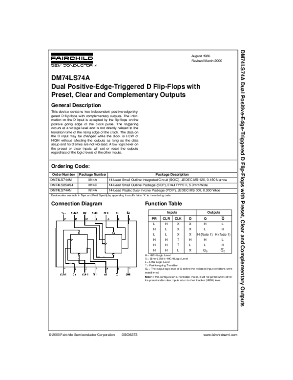 Pdf Connection Diagram Function Table Inputs Outputs Pr Clr Clk D Q L H X X H Q L H L X X L H