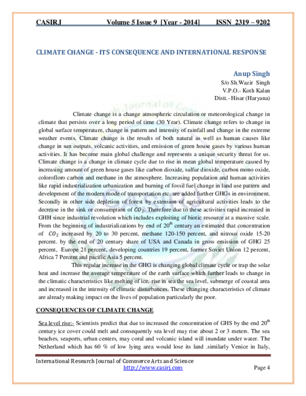 (PDF) CLIMATE CHANGE - ITS CONSEQUENCE AND INTERNATIONAL RESPONSE