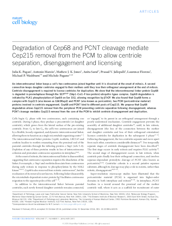 (PDF) Degradation of Cep68 and PCNT cleavage mediate Cep215 removal ...