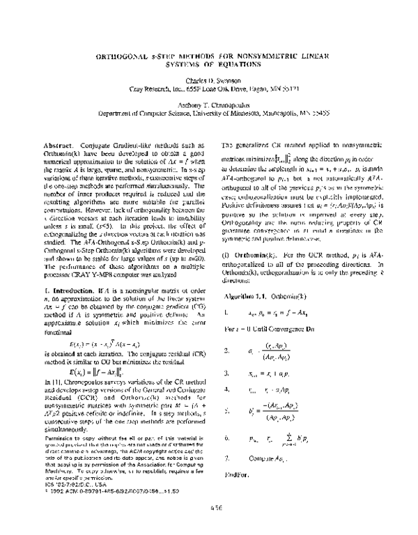 Pdf Orthogonal S Step Methods For Nonsymmetric Linear Systems Of Equations