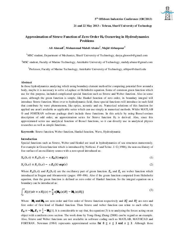 (PDF) Approximation of Struve Function of Zero Order H0 Occurring in Hydrodynamics Problems