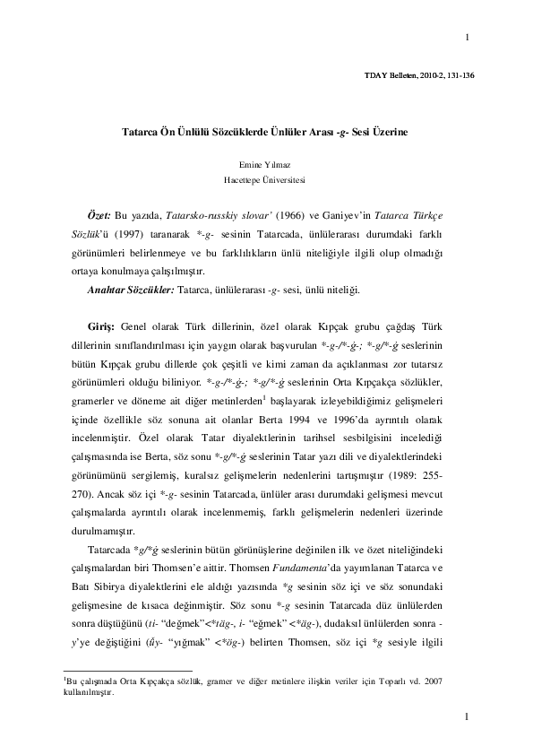 (PDF) Tatarca Ön Ünlülü Sözcüklerde Ünlüler Arası -g- Sesi Üzerine