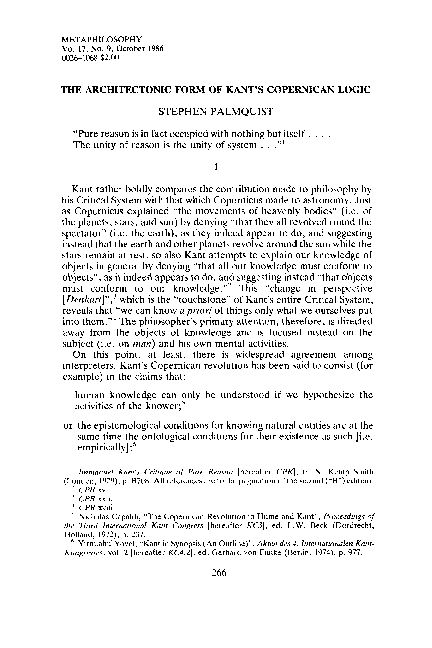 (PDF) THE ARCHITECTONIC FORM OF KANT'S COPERNICAN LOGIC