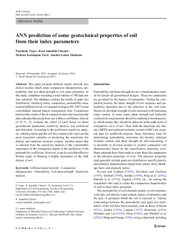 (PDF) ANN prediction of some geotechnical properties of soil from their index parameters