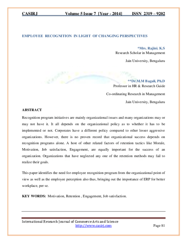 (PDF) EMPLOYEE RECOGNITION IN LIGHT OF CHANGING PERSPECTIVES