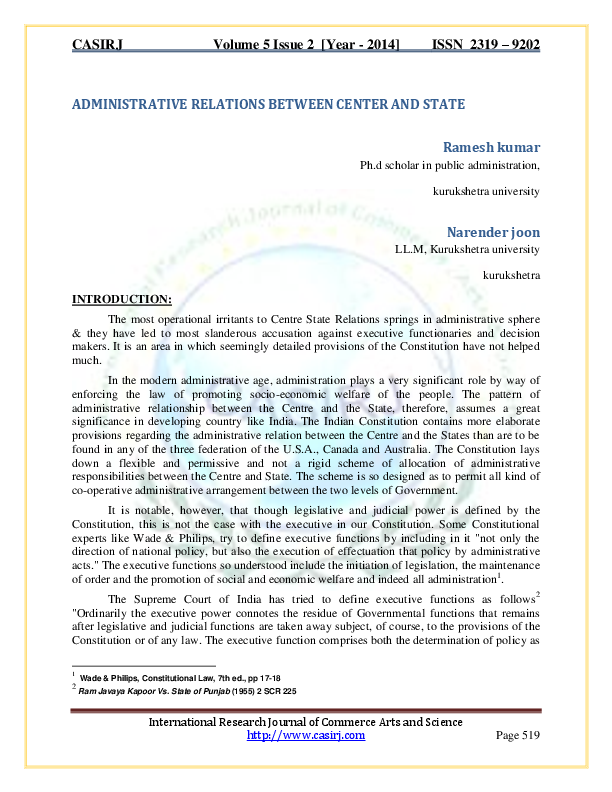 (PDF) ADMINISTRATIVE RELATIONS BETWEEN CENTER AND STATE