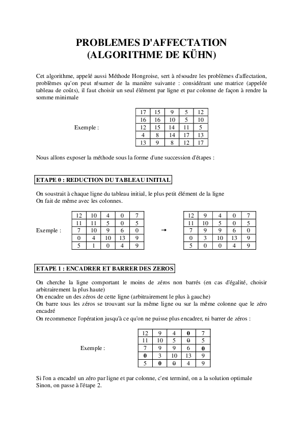 (PDF) PROBLEMES D'AFFECTATION (ALGORITHME DE KÜHN