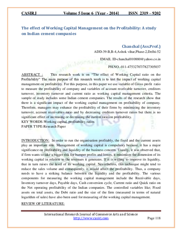(PDF) The effect of Working Capital Management on the Profitability: A study on Indian cement ...