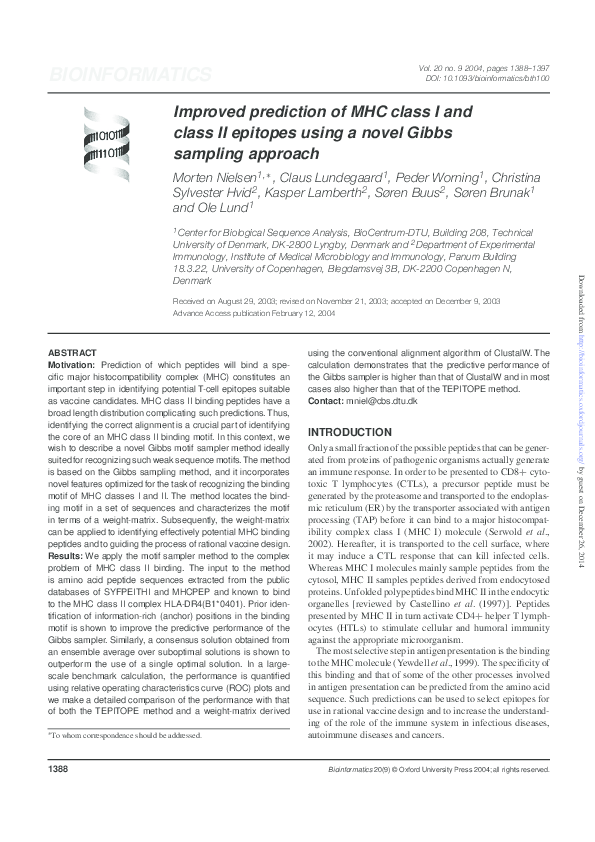(PDF) Improved prediction of MHC class I and class II epitopes using a novel Gibbs sampling approach
