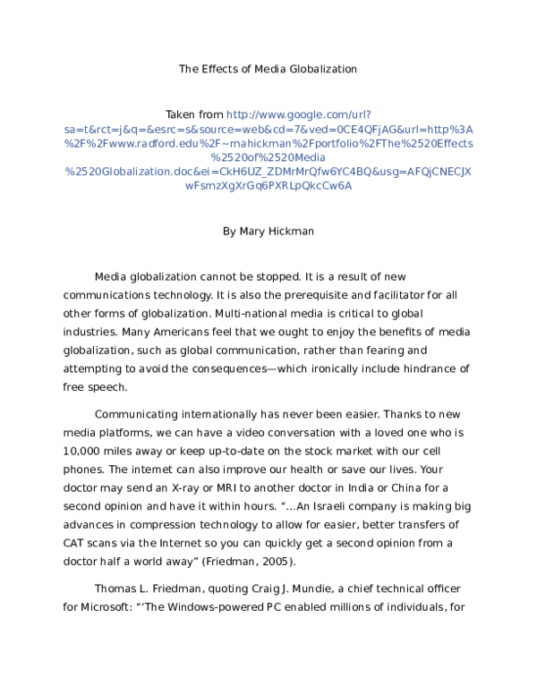 (DOC) The Effects of Media Globalization Taken from