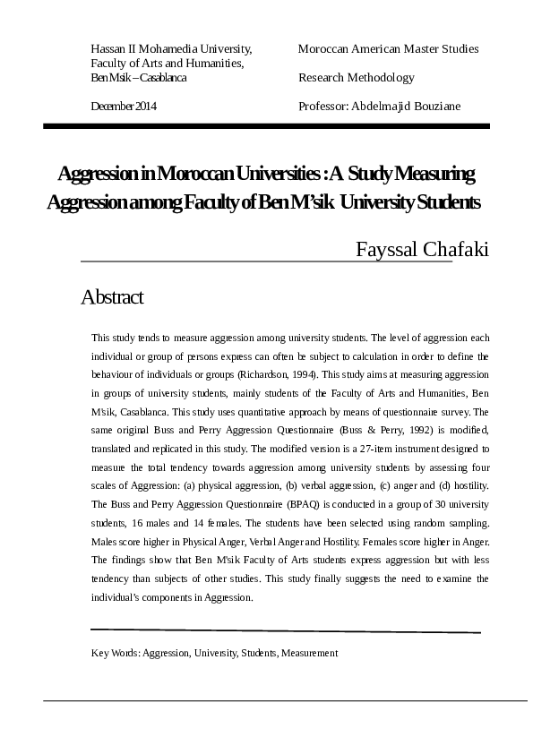 (PDF) Aggression in Moroccan Universities : A Study Measuring ...