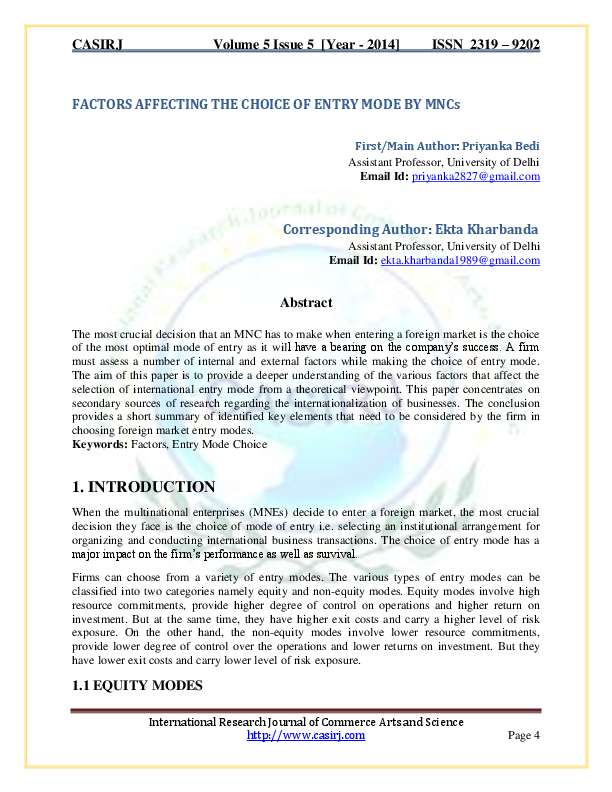 (PDF) FACTORS AFFECTING THE CHOICE OF ENTRY MODE BY MNCs