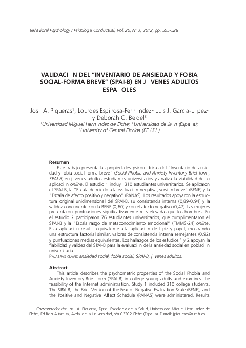 (PDF) online SPAI-B internet, social phobia anxiety inventory brief ...