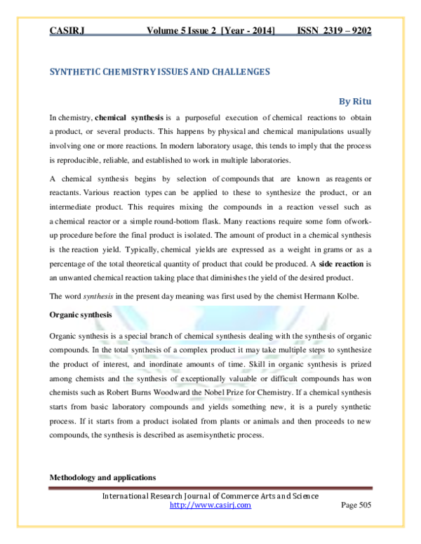 (PDF) SYNTHETIC CHEMISTRY ISSUES AND CHALLENGES