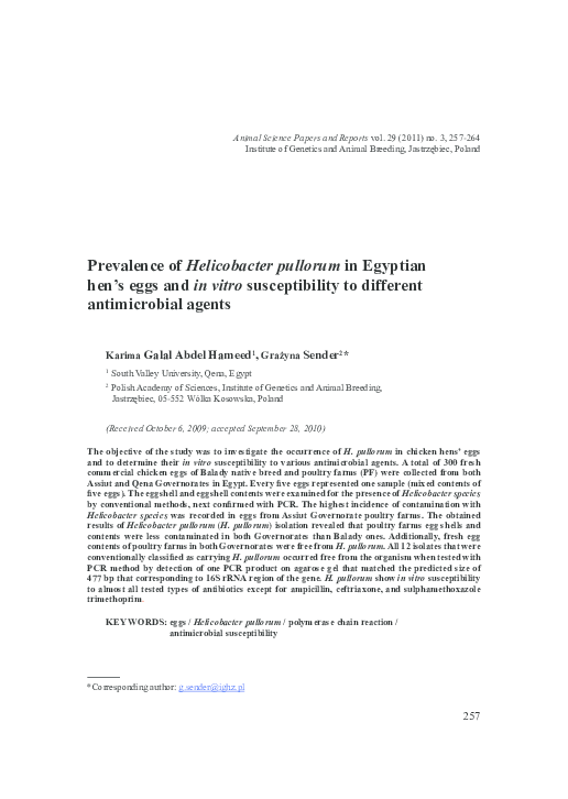 (PDF) Prevalence of Helicobacter pullorum in Egyptian hen's eggs and in ...