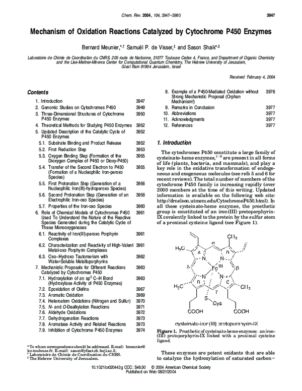 (PDF) Mechanism of Oxidation Reactions Catalyzed by Cytochrome P450 Enzymes