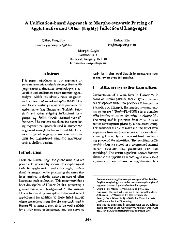 Pdf A Unification Based Approach To Morpho Syntactic Parsing Of Agglutinative And Other
