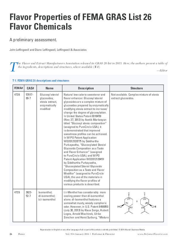 Flavor Properties of FEMA GRAS List 26 Flavor Chemicals