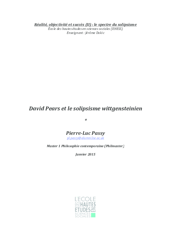(PDF) David Pears et le solipsisme wittgensteinien