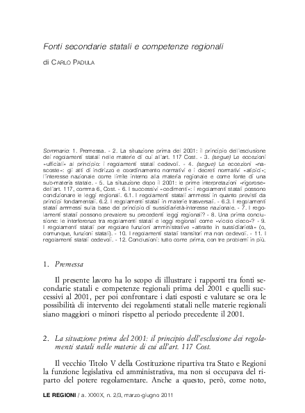 (PDF) Fonti secondarie statali e competenze regionali - le Regioni 2011