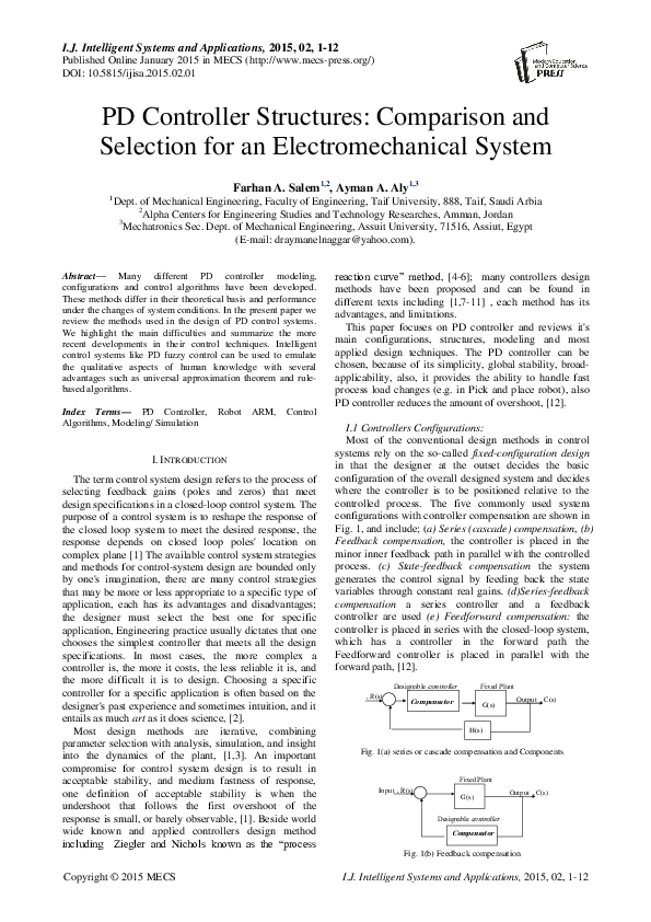 (PDF) PD Controller Structures: Comparison and Selection for an Electromechanical System