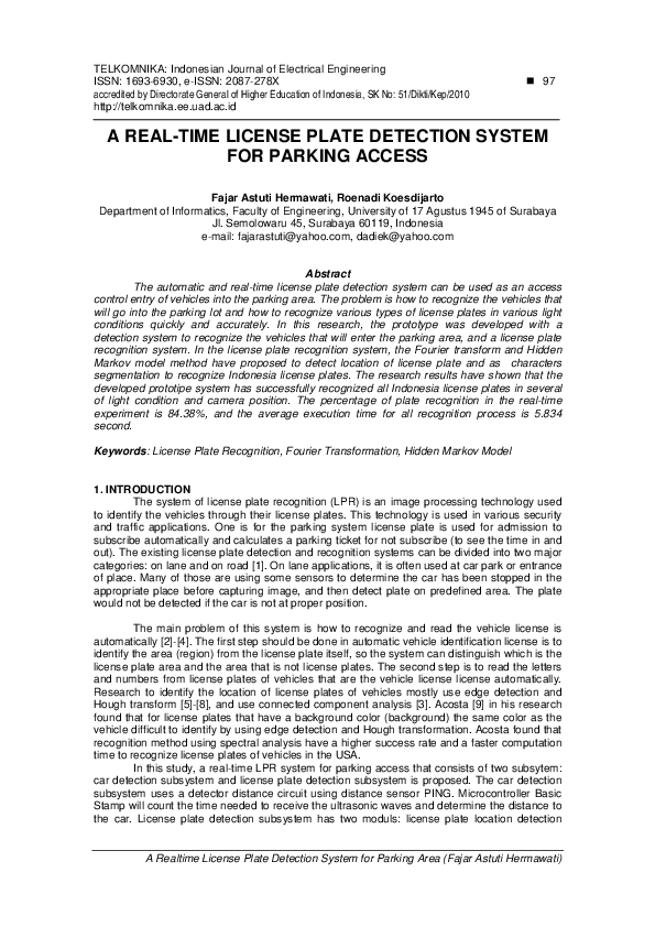 (PDF) A Real-time License Plate Detection System for Parking Access