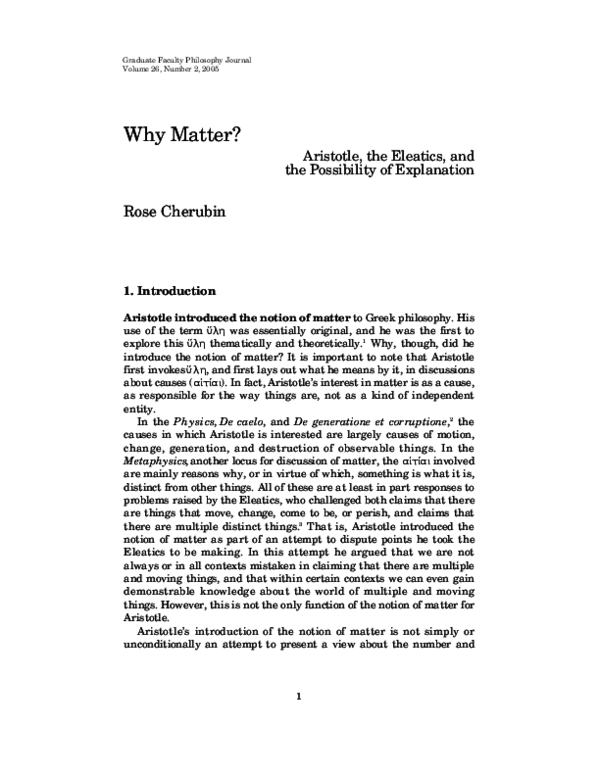 (PDF) Why Matter? Aristotle, the Eleatics, and the Possibility of ...