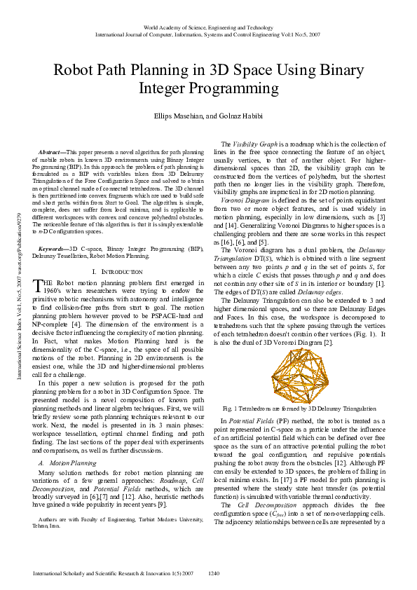 (PDF) Robot Path Planning in 3D Space Using Binary Integer Programming
