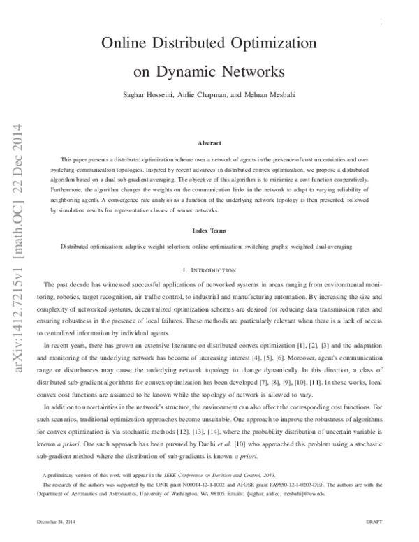 (PDF) Online Distributed Optimization on Dynamic Networks