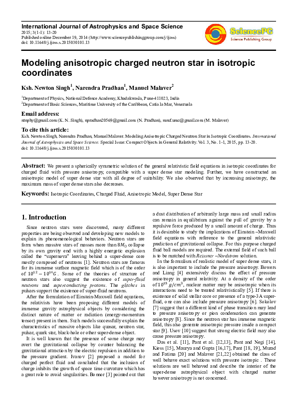 (PDF) Modeling anisotropic charged neutron star in isotropic coordinates