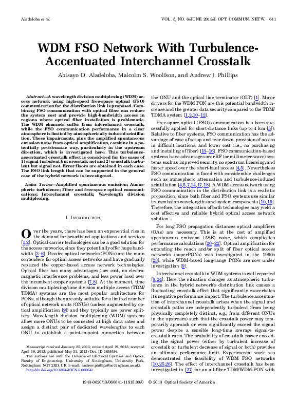 (PDF) WDM FSO Network With Turbulence- Accentuated Interchannel Crosstalk