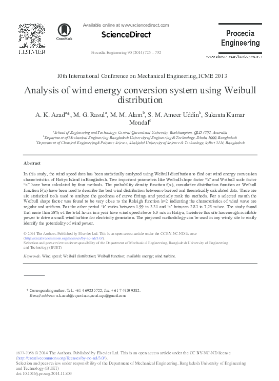 (PDF) Analysis of wind energy conversion system using Weibull distribution