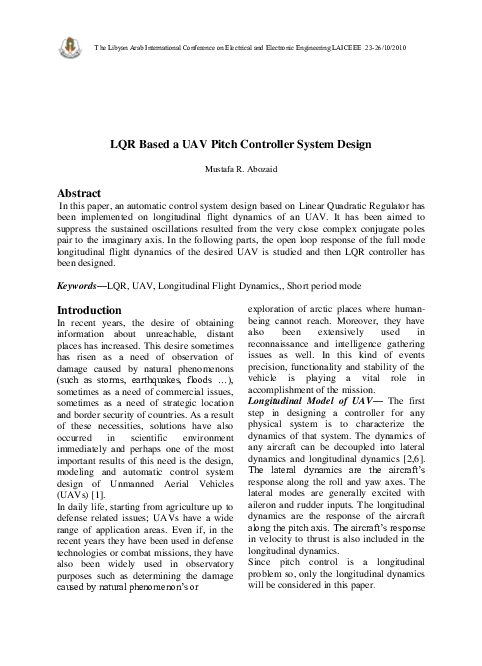 (PDF) LQR Based a UAV Pitch Controller System Design