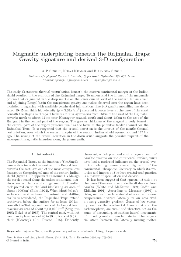 (PDF) Magmatic underplating beneath the Rajmahal Traps: Gravity signature and derived 3-D ...
