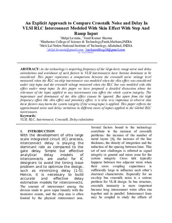 Doc An Explicit Approach To Compare Crosstalk Noise And Delay In Vlsi Rlc Interconnect Modeled