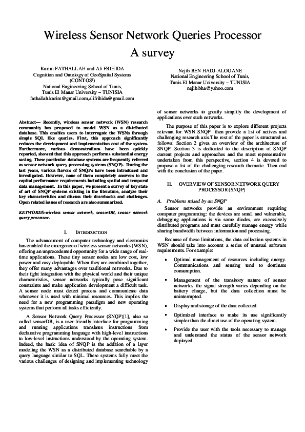 Pdf Wireless Sensor Network Queries Processor A Survey Karim Fathallah And Frihida Ali 0116
