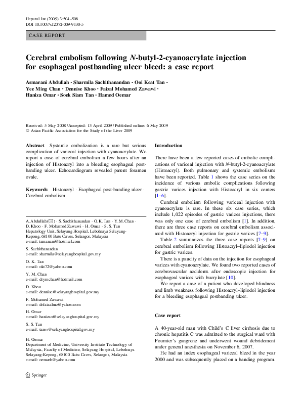 (PDF) Cerebral embolism following N -butyl-2-cyanoacrylate injection ...